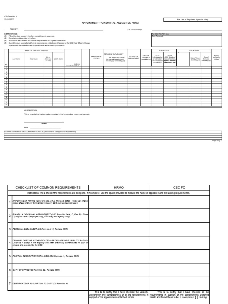 CS Form No. 1 Appointment Transmittal and Action Form | PDF