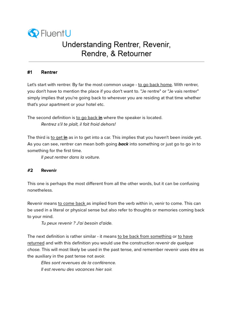Rentrer, Revenir, Rendre Et Retourner. Объяснение На Английском | PDF ...