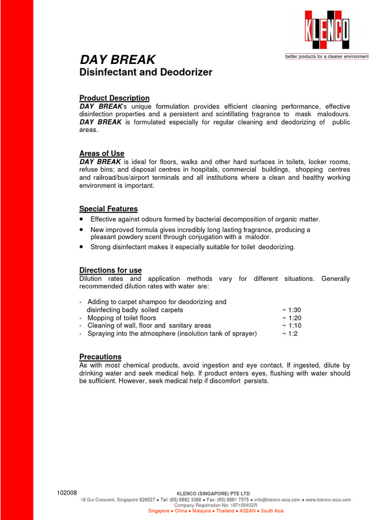 KLENCO DAY BREAK - Disinfectant and Deodorizer | PDF | Personal ...
