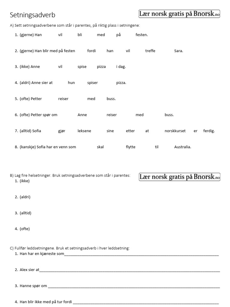 6 ADVERB - Setningsadverb - OPPGAVER - Bnorsk - No | PDF