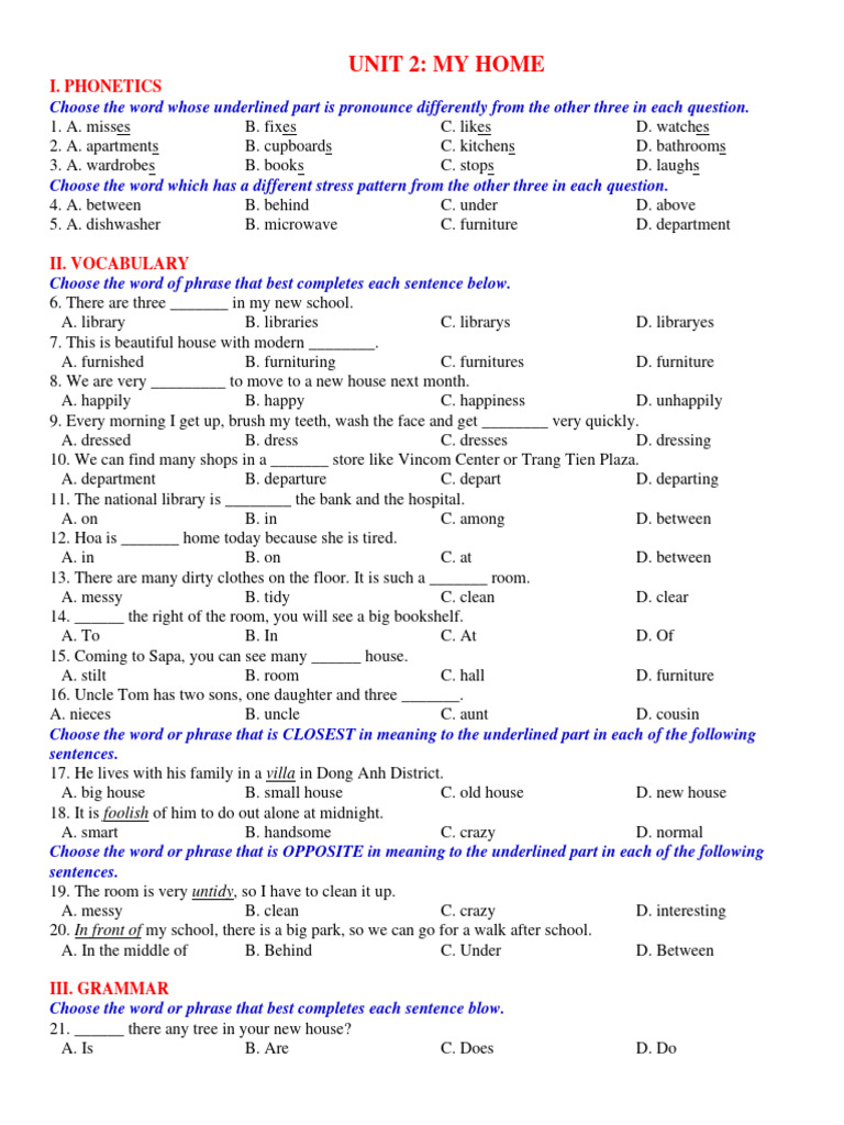 Unit 2 - Practice Test | PDF | Bedroom