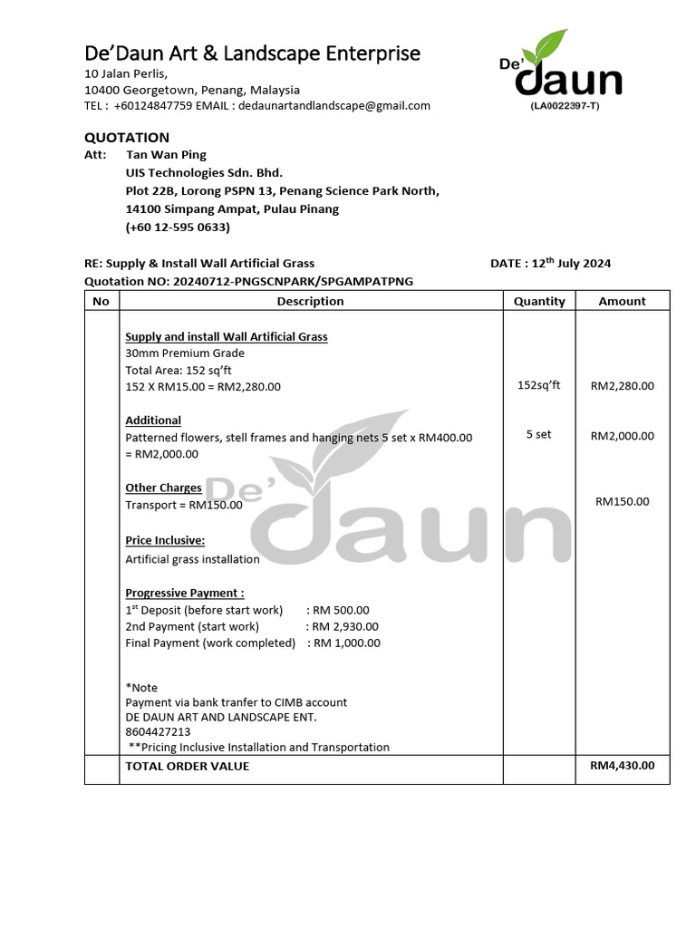 Dedaun Quotation - (Tan Wan Ping) 12.07.24 | PDF | Money