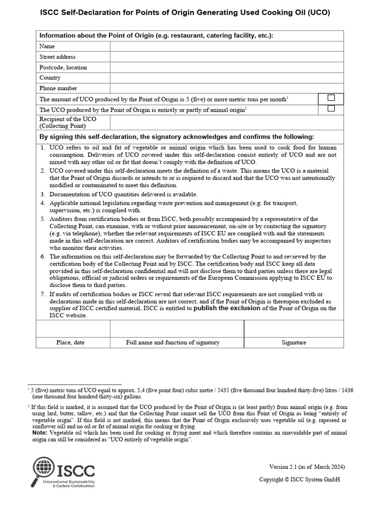 ISCC Self-Declaration UCO V2.1 | PDF | Waste