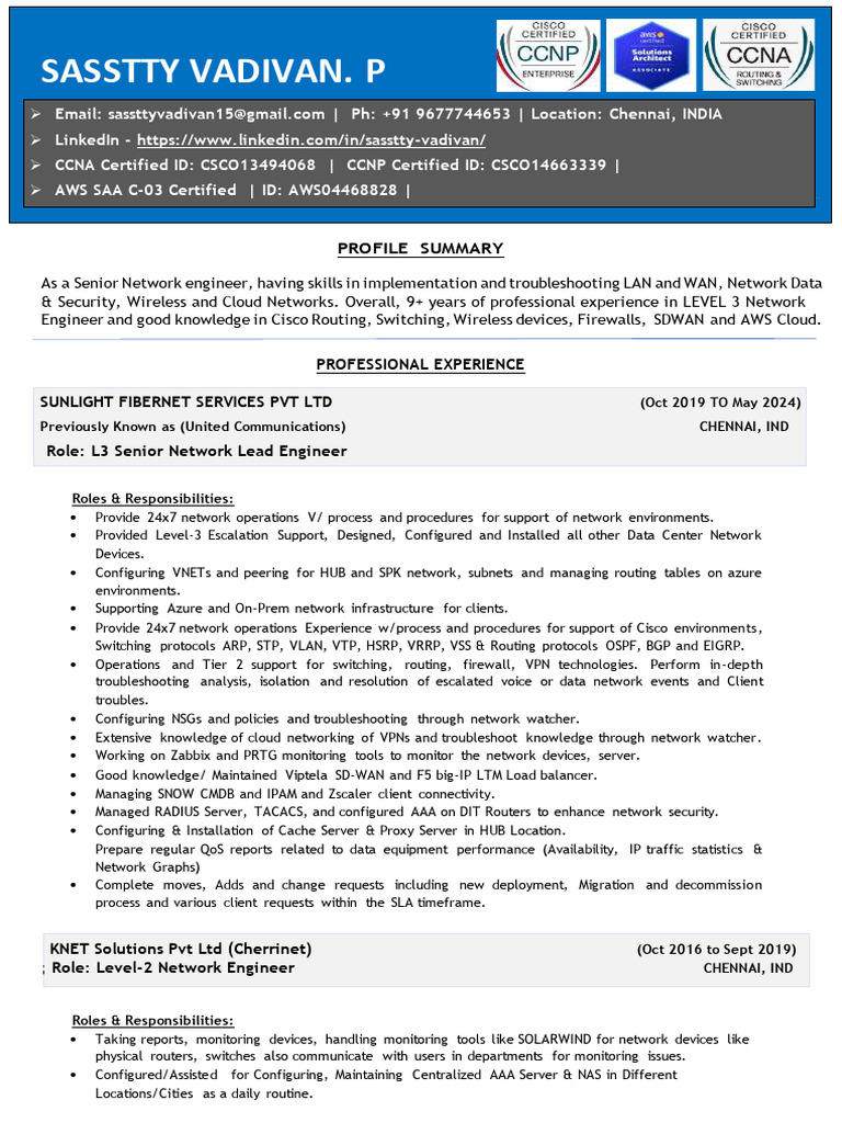 Sasstty Vadivan - Network Engineer | PDF | Computer Network | Router (Computing)