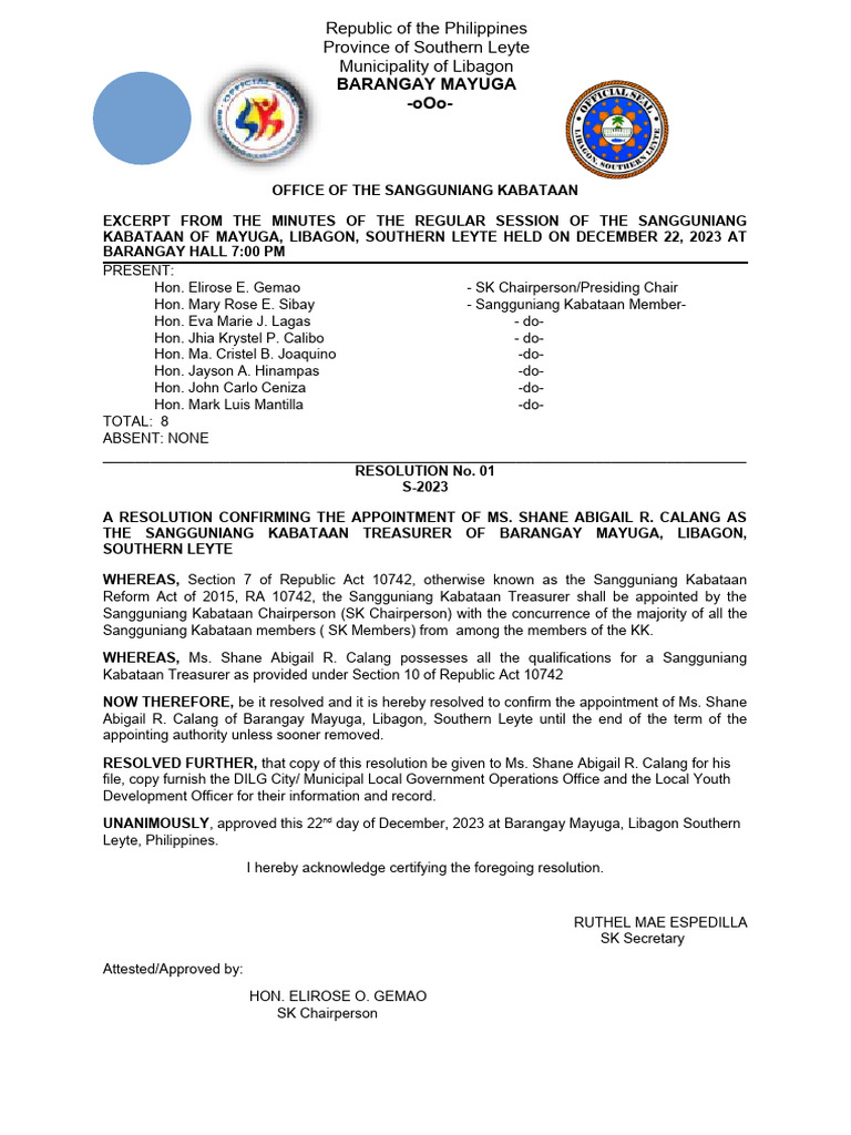 SK Resolution Appointment - Treasurer | PDF | Youth Organizations