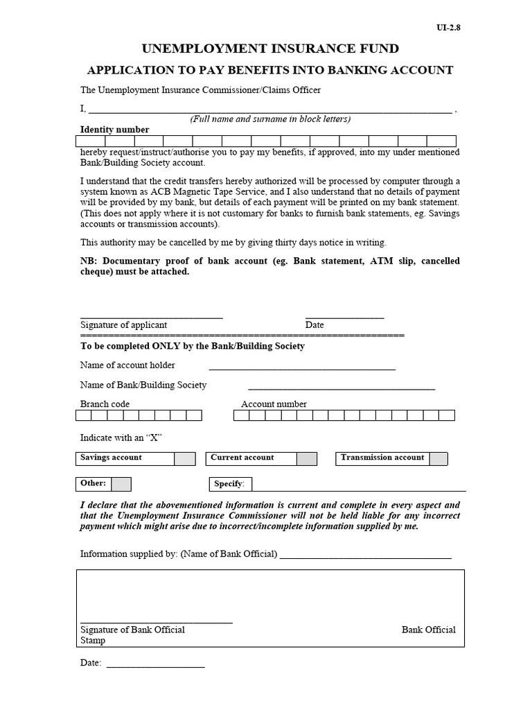 Form UI2.8 - Application To Pay Benefits Into Banking Account | PDF | Business