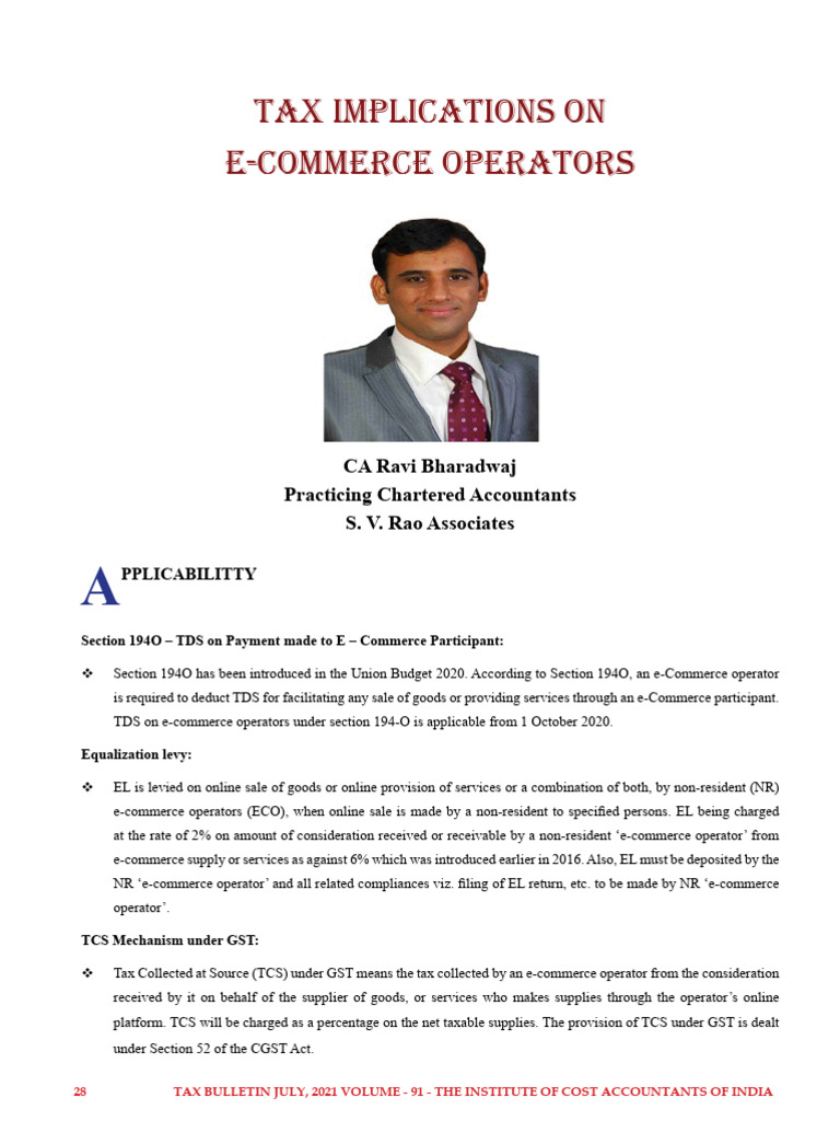 Tax Implications On E-Commerce Operators: CA Ravi Bharadwaj Practicing Chartered Accountants S ...