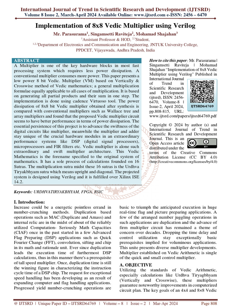 Implementation of 8x8 Vedic Multiplier Using Verilog | PDF | Field Programmable Gate Array ...