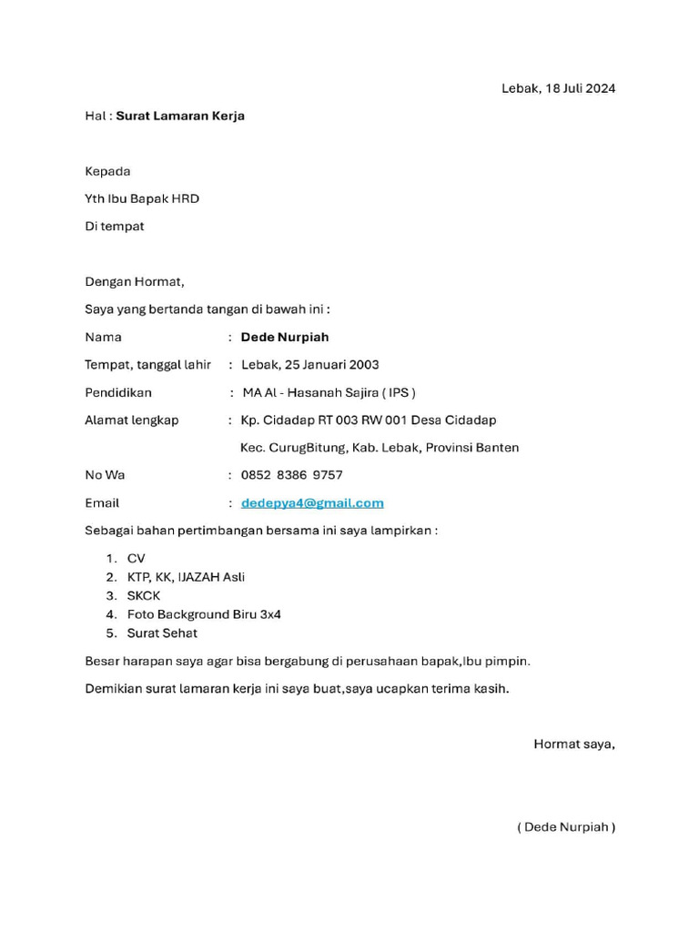 Surat lamaran kerja - Dede Nurpiah | PDF