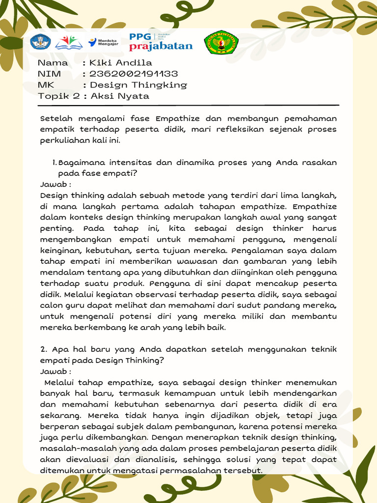 Topik 2 - Design Thinking - Aksi Nyata - Kiki Andila | PDF