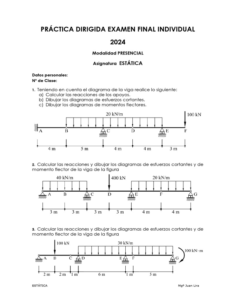 Práctica Dirigida Examen Final Individual Estática 2024 | PDF | Viga (Estructura) | Braguero