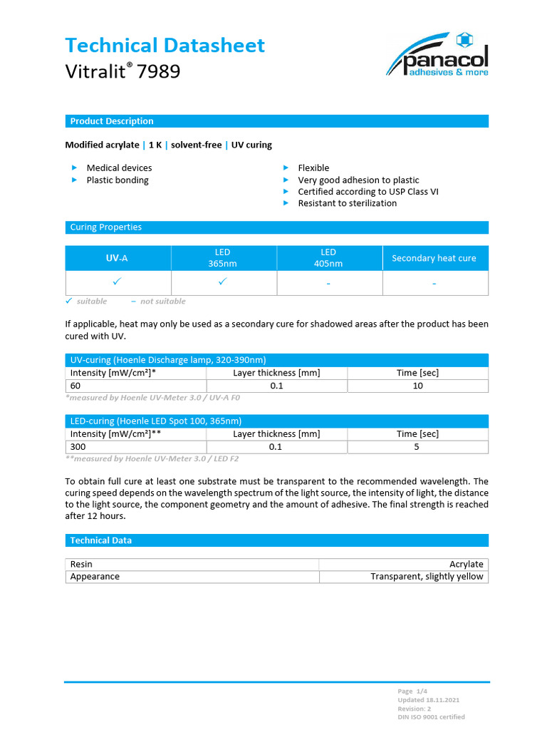 Vitralit 7989 English Tds Panacol Adhesive | PDF | Ultraviolet | Adhesive