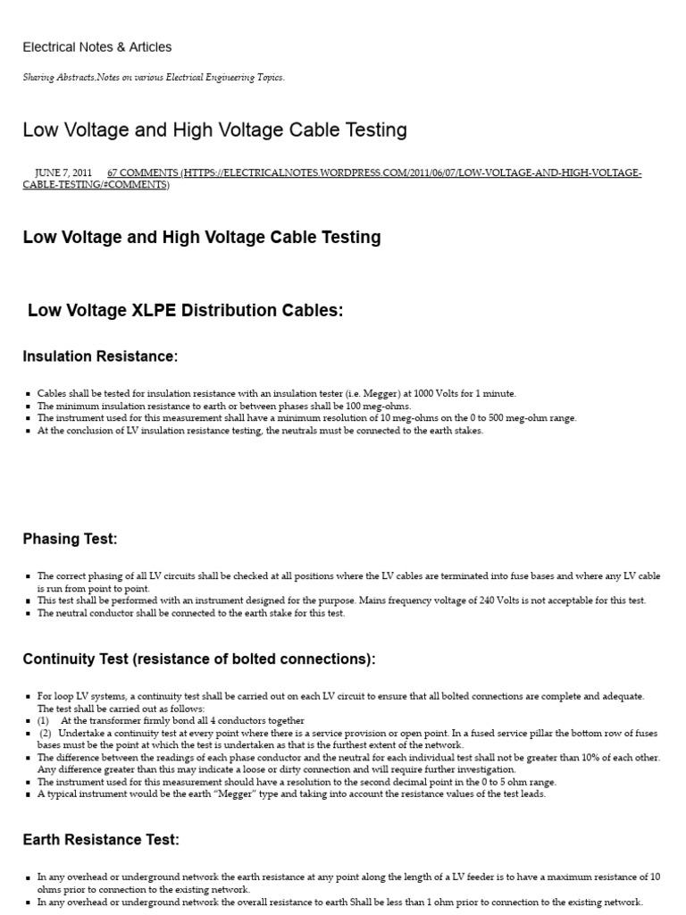 Low Voltage and High Voltage Cable Testing - Electrical Notes ...