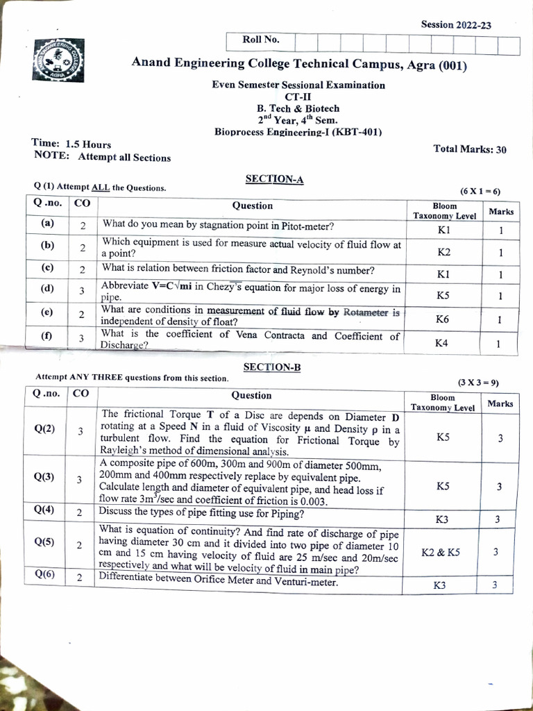 Bioprocess Pyq Aktu 2022-23 | PDF | Classical Mechanics | Civil Engineering