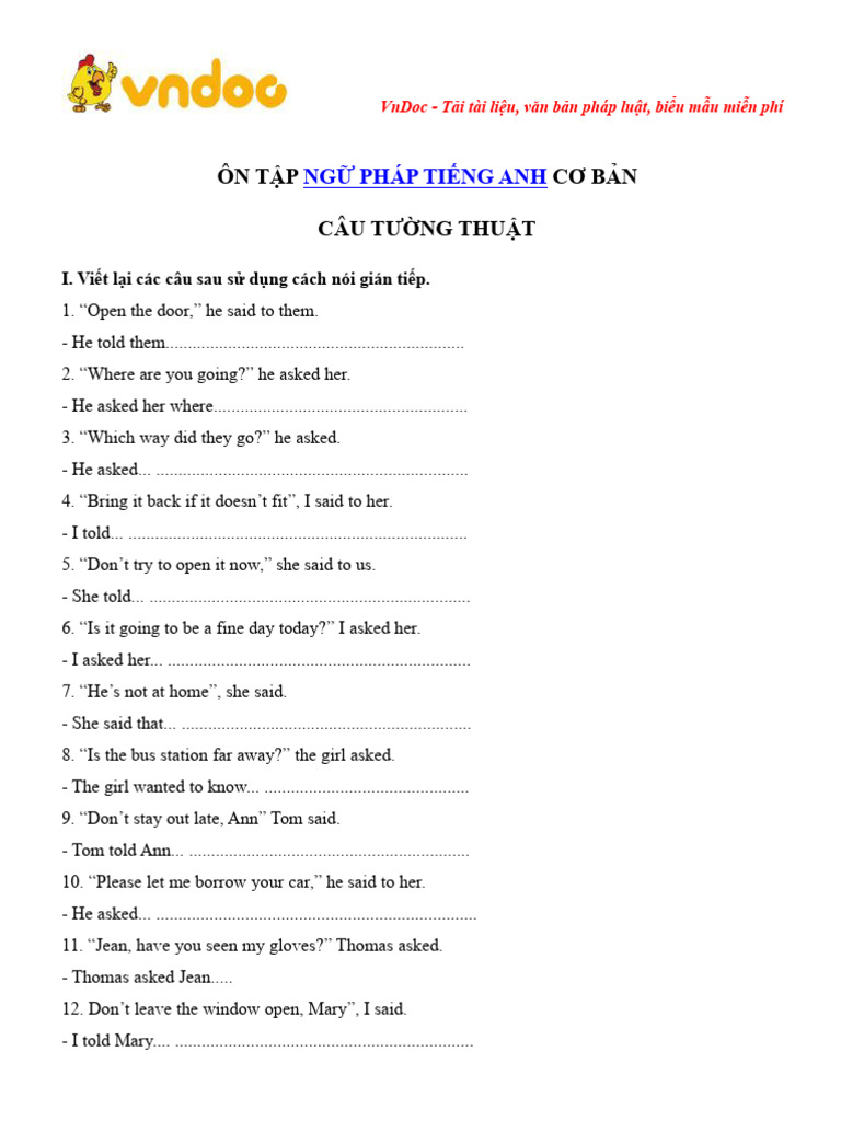 Bai Tap Tieng Anh Ve Cau Tuong Thuat Truc Tiep Gian Tiep Co Dap An | PDF