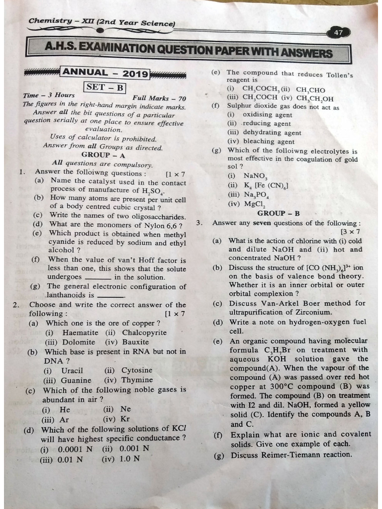 Chemistry 12 Year Previous Question | PDF