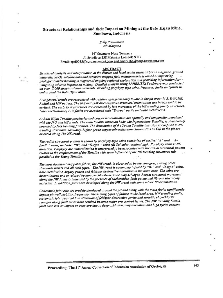 Structural Relationship and Their Impact On Mining at The Batu Hijau Mine, Sumbawa, Indonesia | PDF