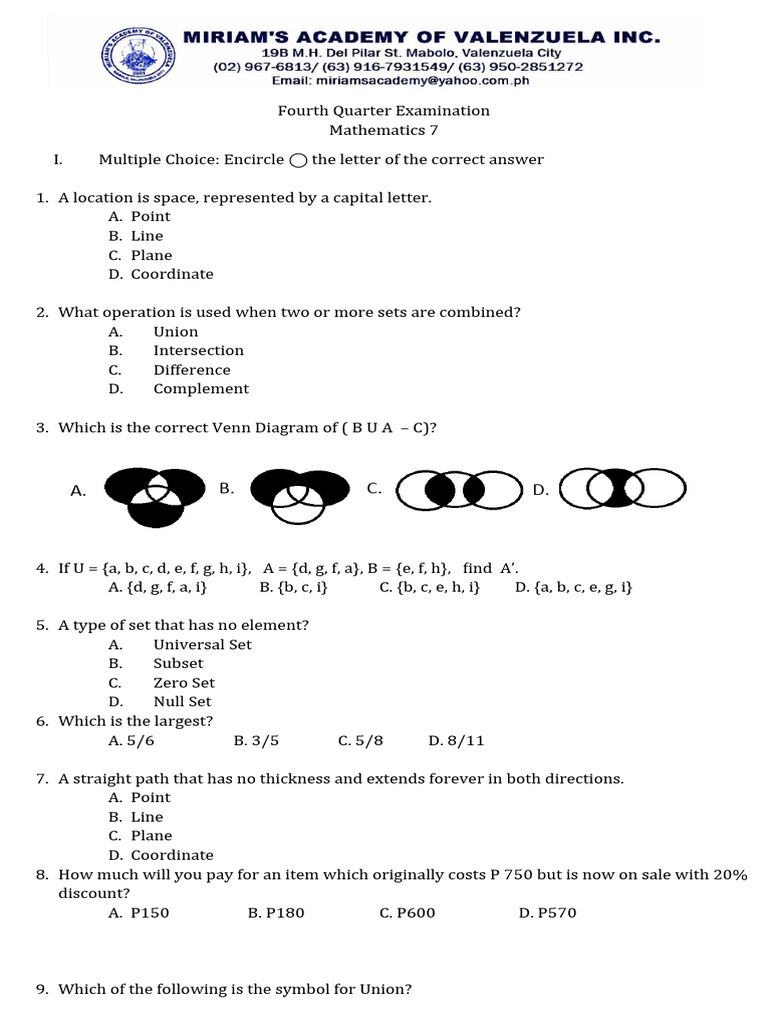 Mathematics 7 Fourth Quarter Examination | PDF | Polynomial | Mathematical Objects