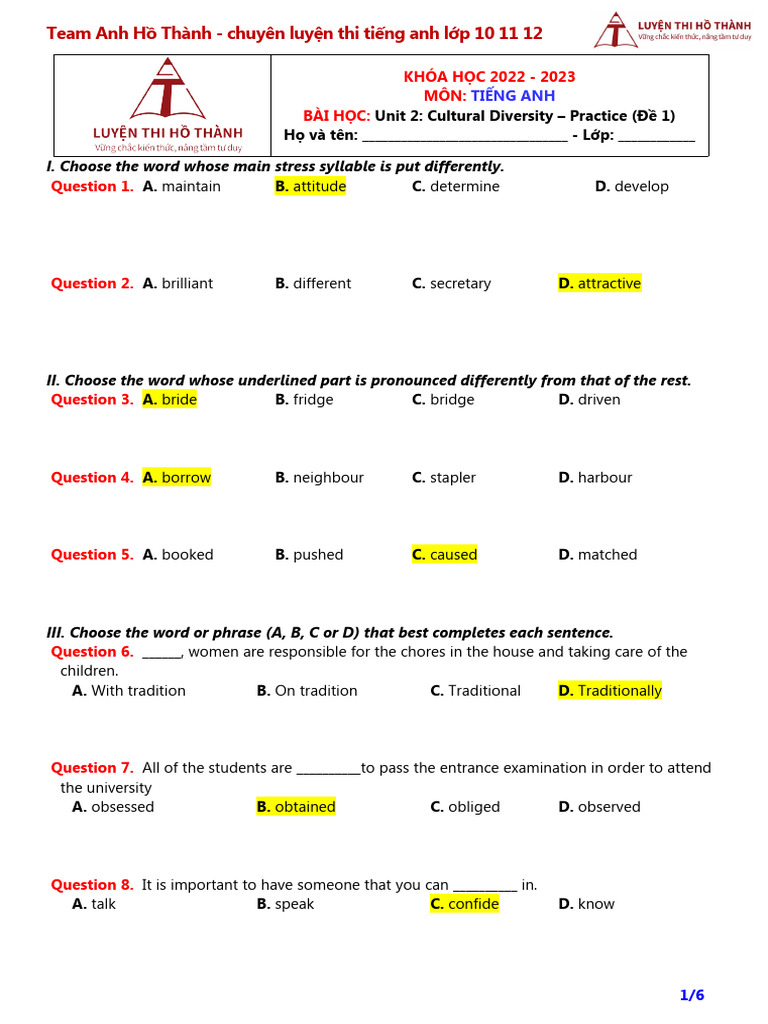 unit 2 Practice - Đề 1 Phụ đạo key ABCD | PDF | Linguistics