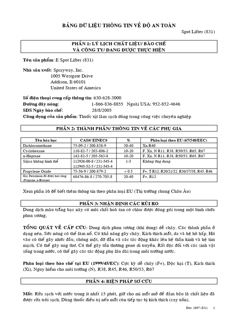 MSDS of E Spot Lifter 831 | PDF