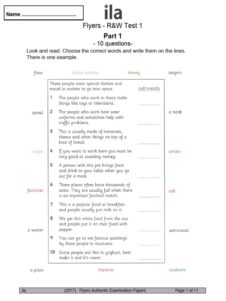 Cambridge Flyers R&W Test 1 | PDF | Human Communication