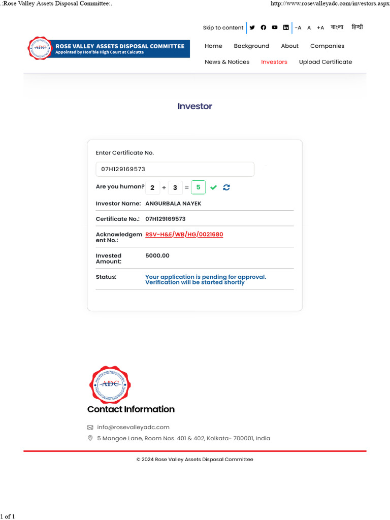Rose Valley ADC Application Status | PDF