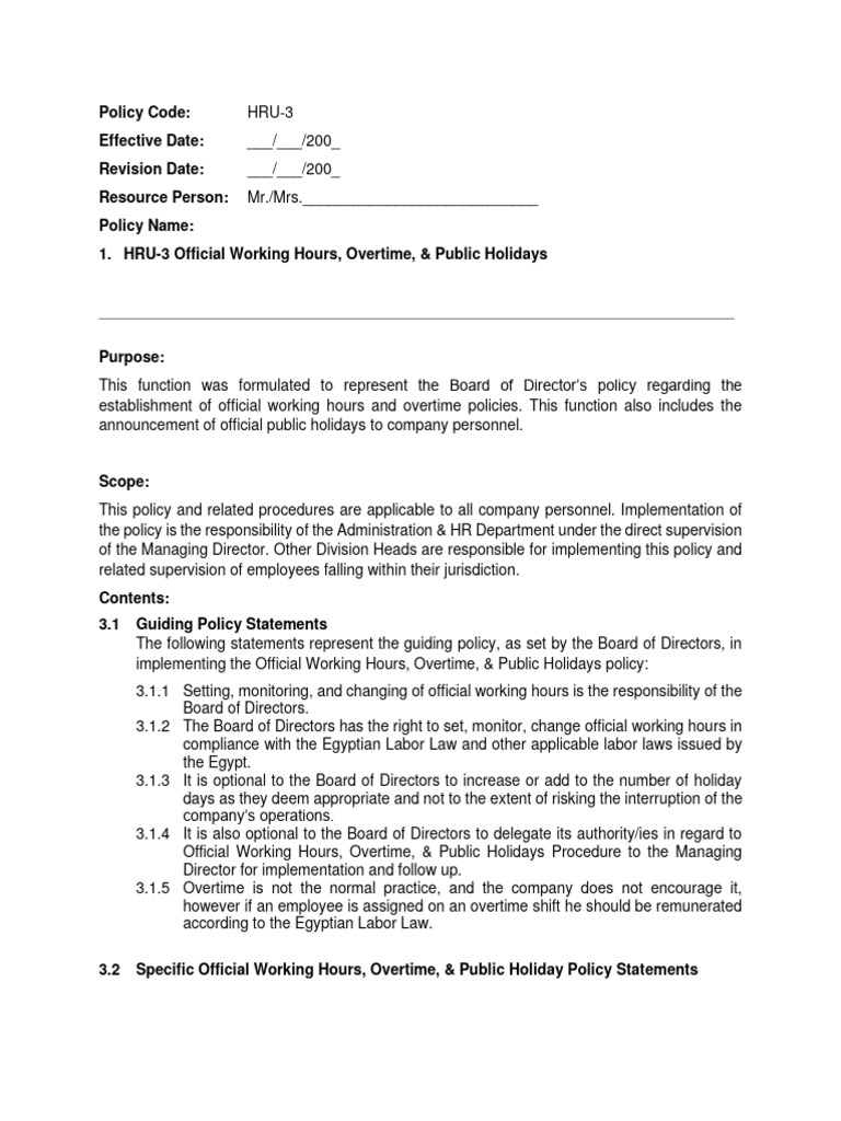 Policy Sample | PDF | Overtime | Working Time