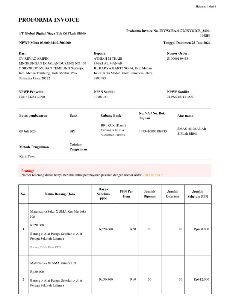 Proforma Invoice Alat Peraga Sekolah | PDF