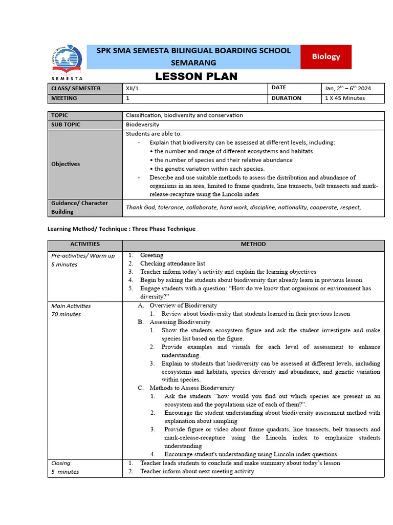 Biodiversity Lesson Plan for Class XII | PDF | Biodiversity | Species