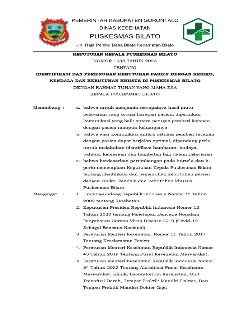 Identifikasi Kebutuhan Pasien Puskesmas Bilato | PDF | Ilmu Sosial