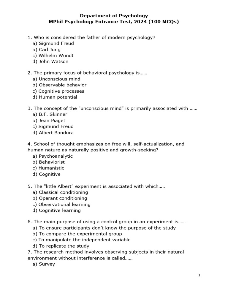 MPhil Psych-Entry Test 2024 | PDF | Psychotherapy | Mental Disorder
