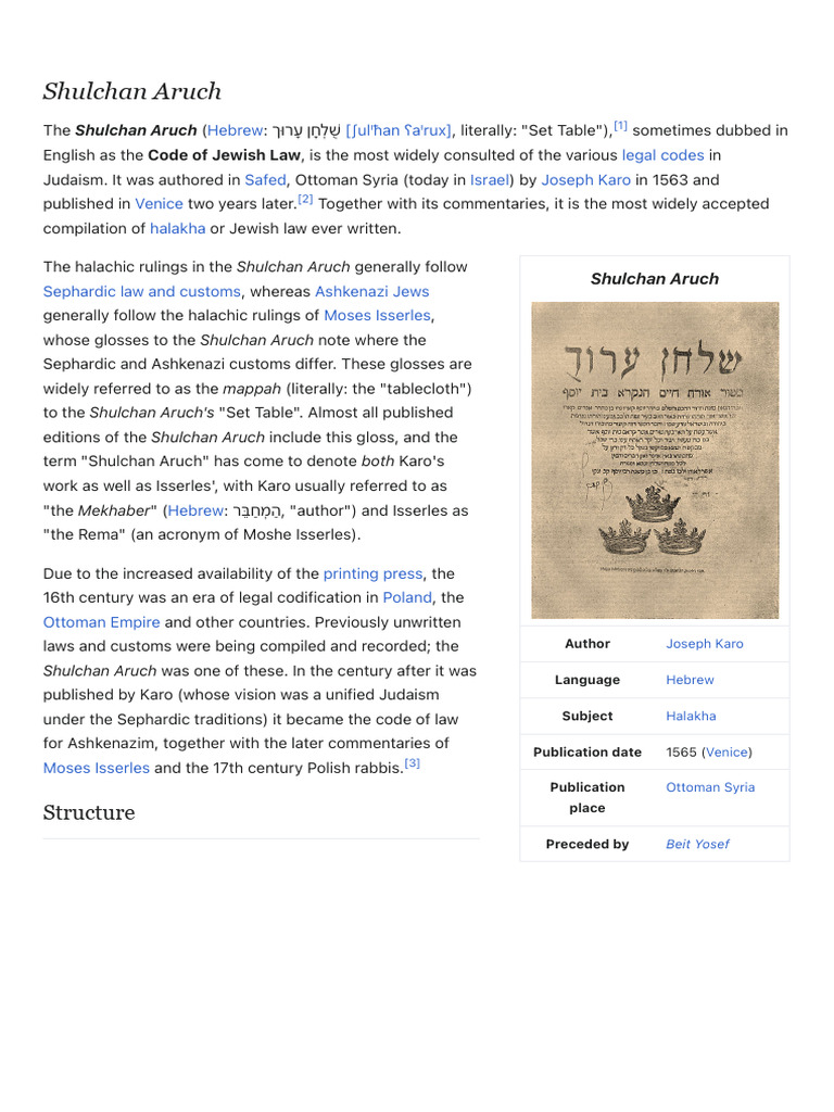 Shulchan Aruch - Wikipedia | PDF | Jewish Law And Rituals | Jewish Law