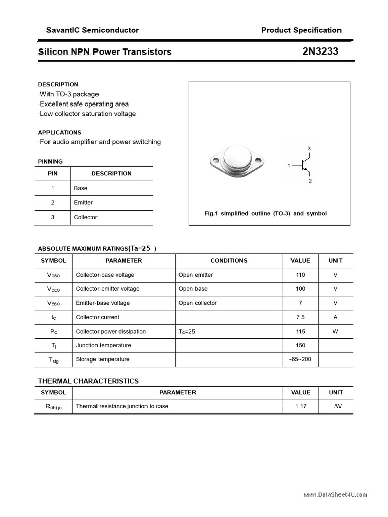 Silicon NPN Power Transistors: Savantic Semiconductor Product Specification | PDF | Bipolar ...