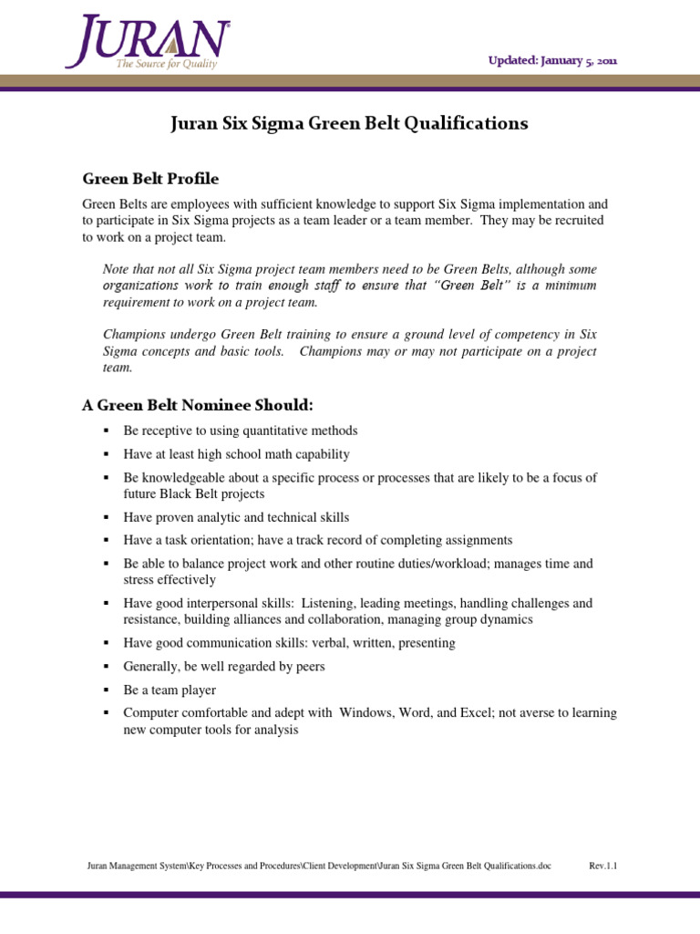 Juran Six Sigma Green Belt Qualifications | PDF | Six Sigma | Cognition