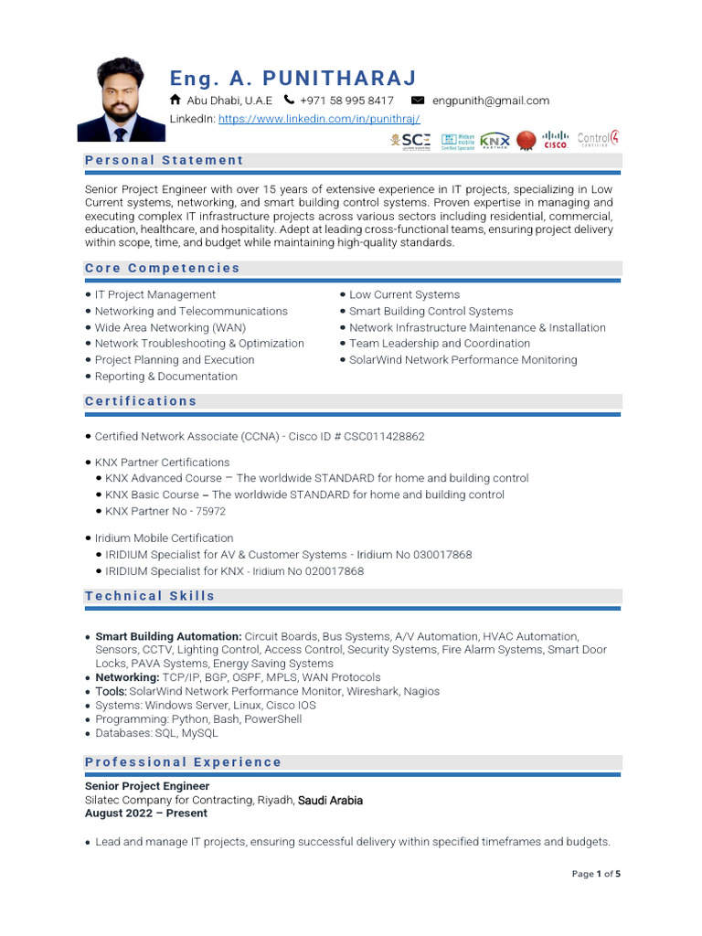 Punith Cv-Ver1 | PDF | Computer Network | Building Automation