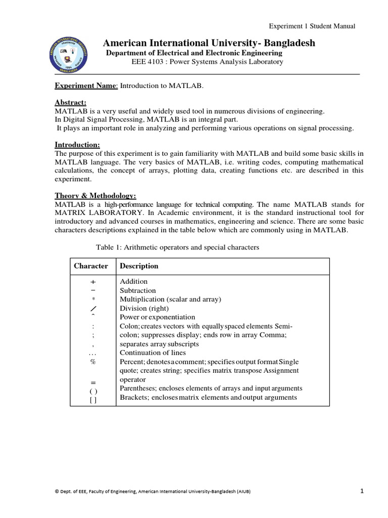 Exp 1-Student Manual | PDF | Matrix (Mathematics) | Matlab