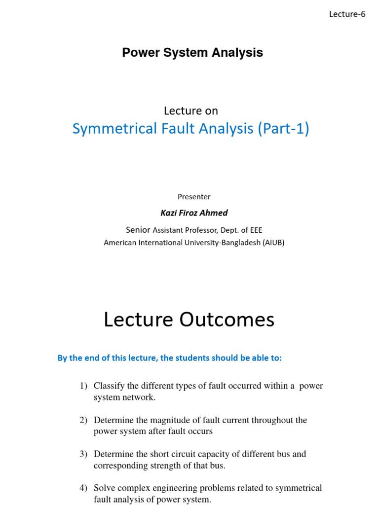 PSA - Lecture 6 - Symmetrical Fault Analysis (Part-1) | PDF | Transformer | Transmission Line