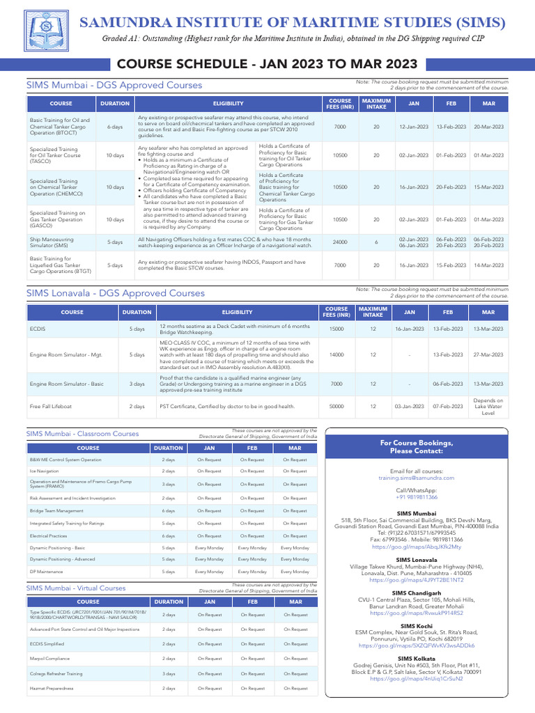SIMS Course Schedule Jan-Mar2023002 | PDF | Shipping | Water Transport