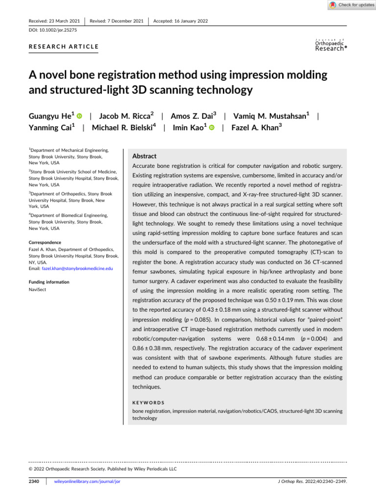 Journal Orthopaedic Research - 2022 - He - A Novel Bone Registration Method Using Impression ...