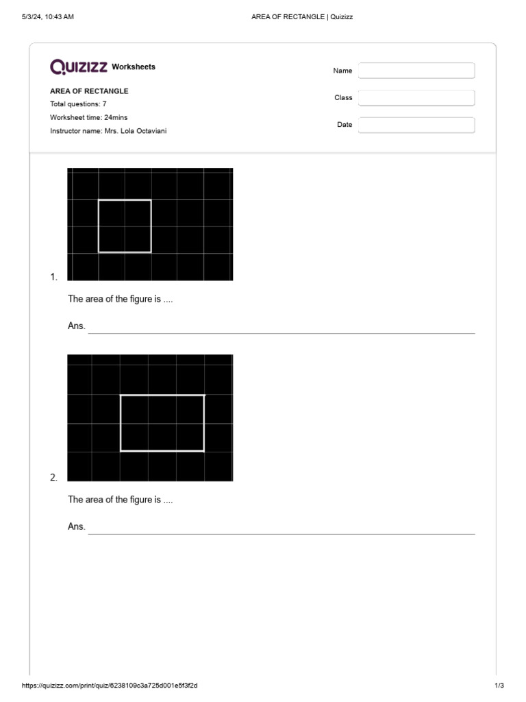 AREA OF RECTANGLE - Quizizz | PDF