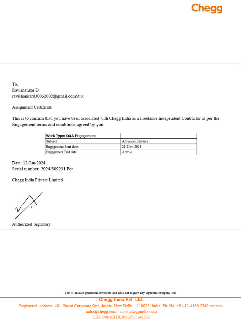 Assignment Certificate | PDF