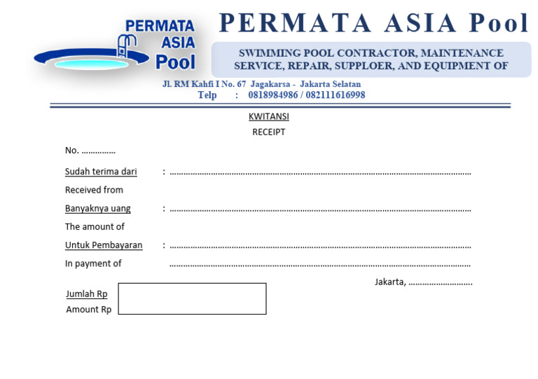 Swimming Pool Receipt - Permata Asia | PDF