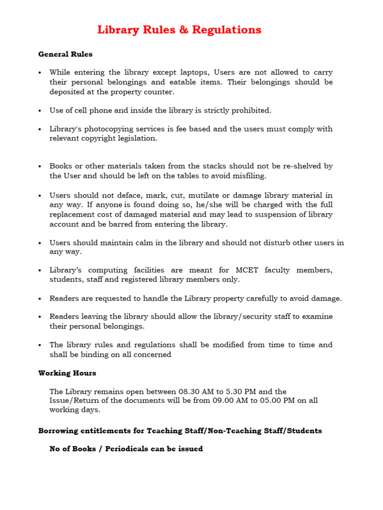 Library Rules and Regulations | PDF | Libraries | Justice