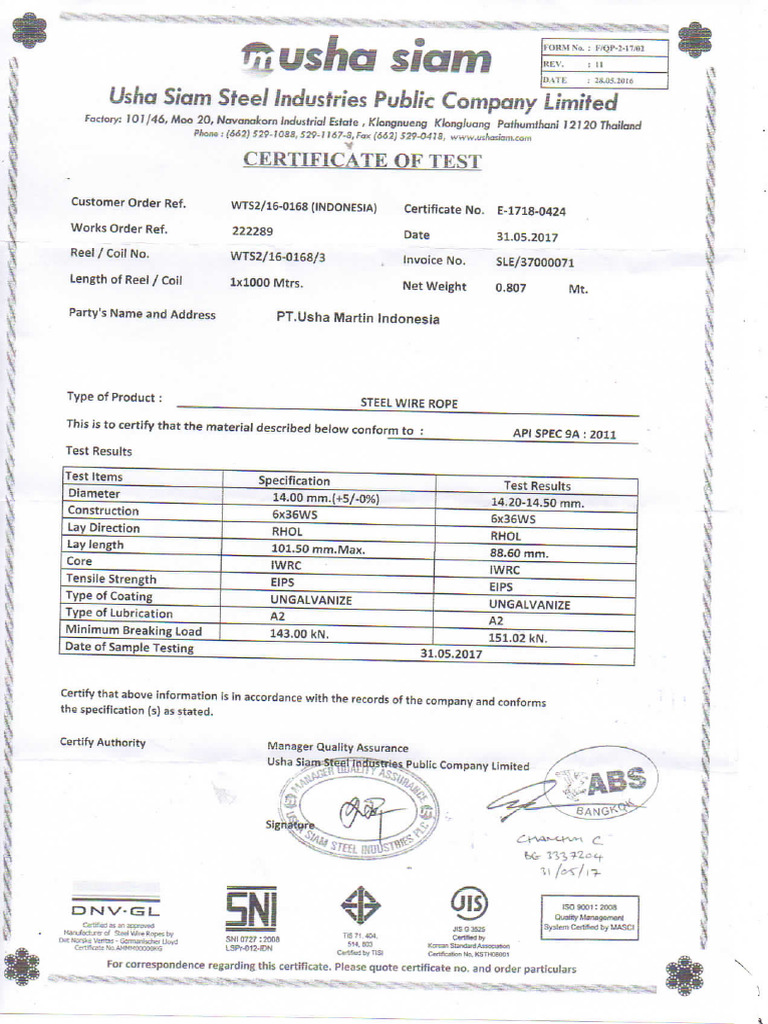 Sertifikat Wire Rope 14 MM - Usha Siam | PDF