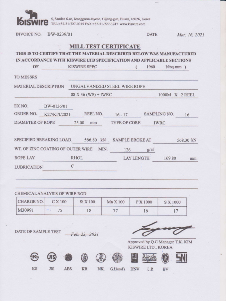 Sertifikat Wire Rope 25 MM Kiswire - Acs | PDF