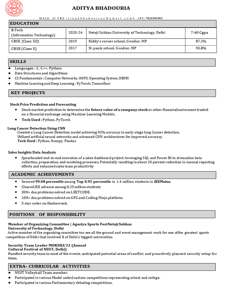 AdityaBhadouriaResume | Download Free PDF | Machine Learning | Computing