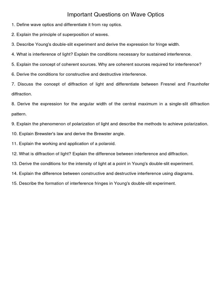 Wave Optics Important Questions | PDF