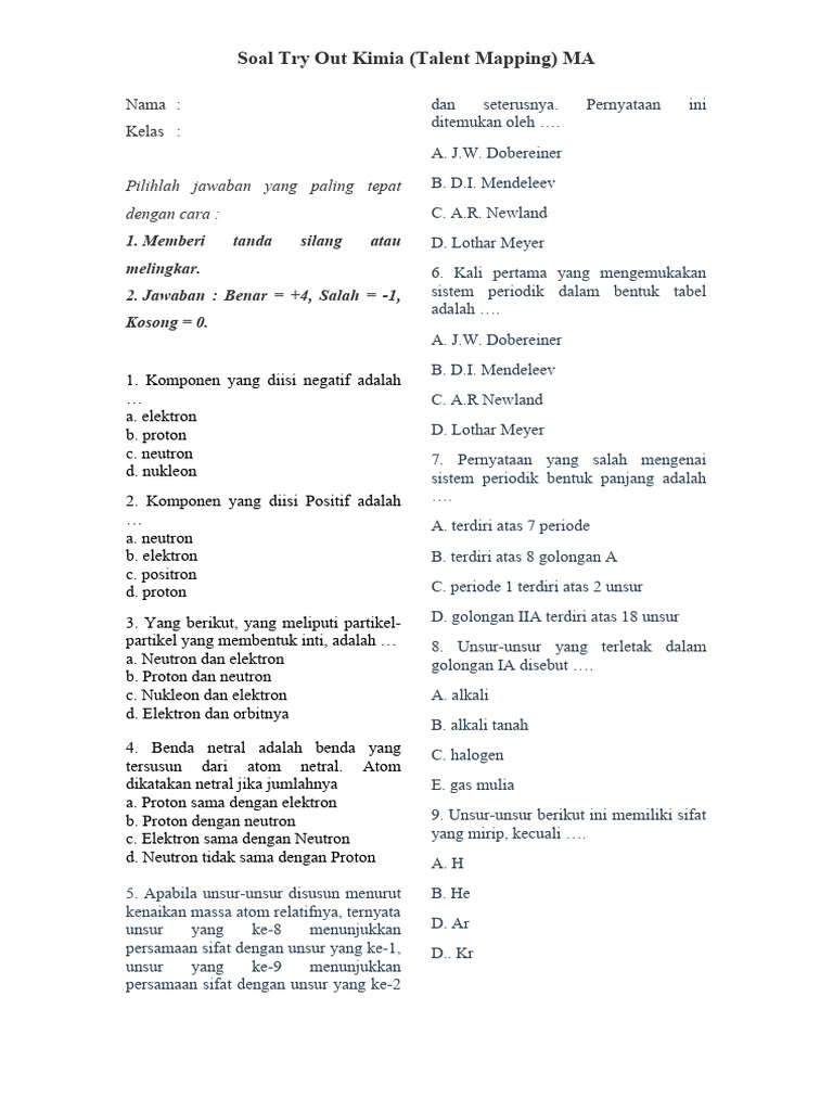 Soal Try Out Kimia (Talent Mapping) MA | PDF
