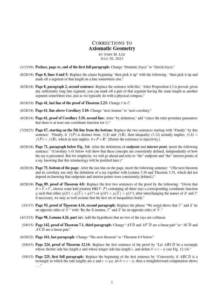 CORRECTIONS TO Axiomatic Geometry BY JOHN M. LEE JULY 20, 2023 | PDF ...