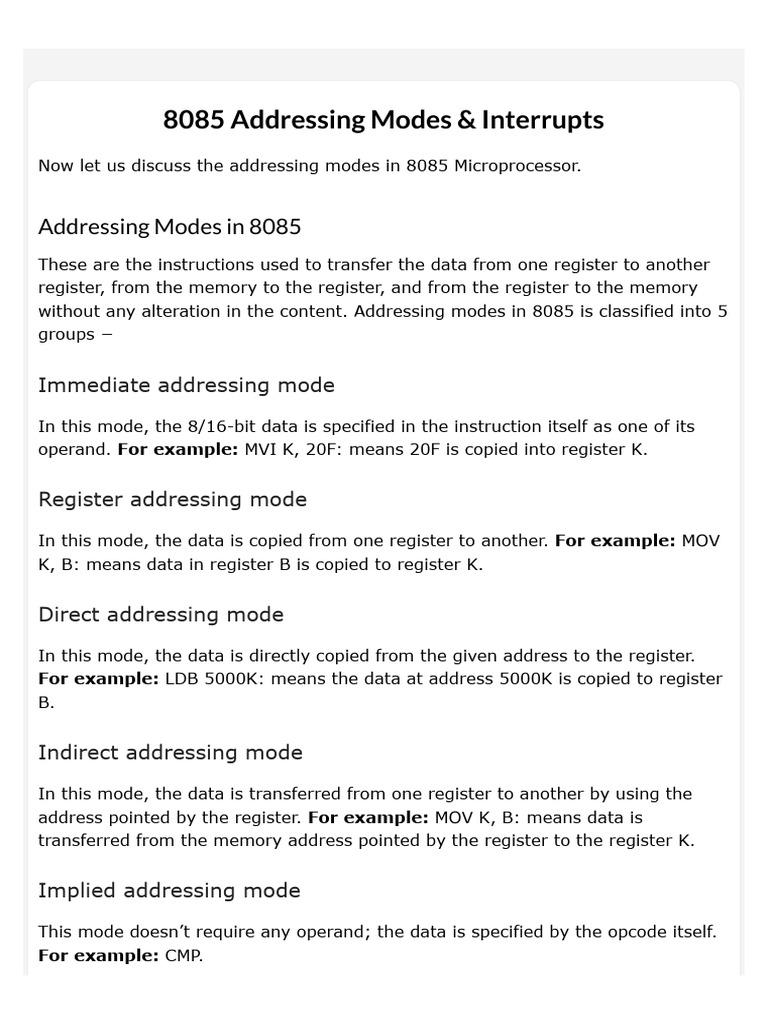8085 Addressing Modes & Interrupts | PDF | Computing | Computer Architecture